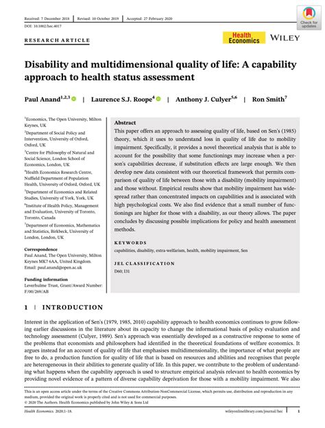 Pdf Disability And Multidimensional Quality Of Life A Capability Approach To Health Status