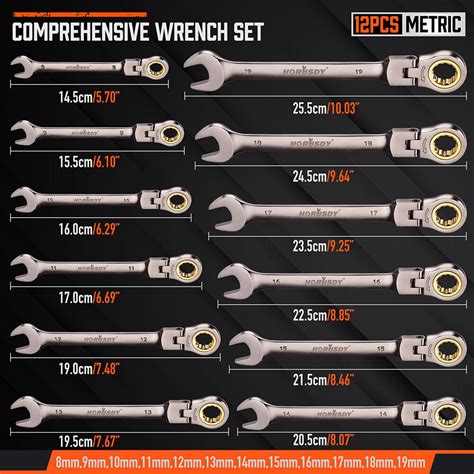 Horusdy 12pc Metric Flexible Head Ratchet Spanner Set Durable 8 19mm