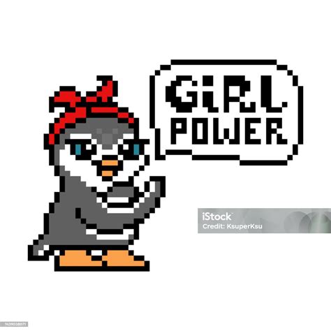 빨간 머리띠를 한 펭귄 페미니스트는 팔뚝 컬을 하고 흰색 배경에 픽셀 아트 캐릭터인 걸 파워라고 말합니다 올드 스쿨 3월 8일 여성 권한 부여 인쇄물 레트로 8 비트 여성