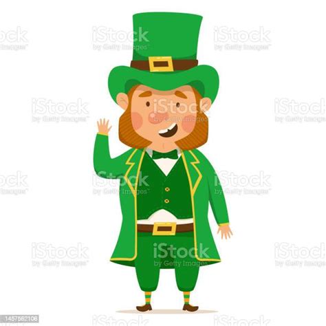 녹색 양복과 모자를 쓴 성 패트릭의 날을 위한 재미있고 귀여운 레프러콘 흰색 배경에 격리된 벡터 그림 St Patricks Day에 대한 스톡 벡터 아트 및 기타 이미지