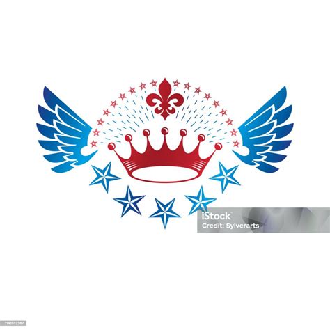 로얄 크라운 엠블럼 팔 장식 로고 격리 벡터 일러스트의 헤럴드 코트 흰색 배경에 오래 된 스타일의 고 대 로고 타입입니다 골동품에 대한 스톡 벡터 아트 및 기타 이미지