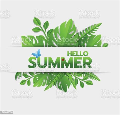안녕하세요 여름 배너 열 대 야 자 나뭇잎 배경 초대 또는 카드 디자인 정글 단풍 최신 유행 스타일에 벡터 그림입니다 0명에 대한 스톡 벡터 아트 및 기타 이미지 Istock