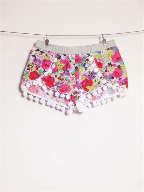 Grey Floral Pom Pom Shorts Coachella Shorts Pom Pom Fringe Shorts