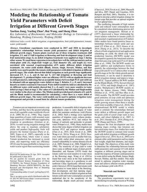 Pdf Modeling The Relationship Of Tomato Yield Parameters With Deficit