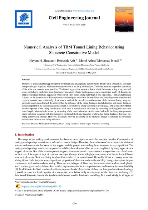 Pdf Numerical Analysis Of Tbm Tunnel Lining Behavior Using Shotcrete Constitutive Model