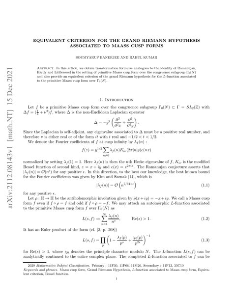 Pdf Equivalent Criterion For The Grand Riemann Hypothesis Associated To Maass Cusp Forms