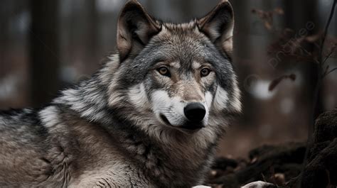 Grey Wolf Resting In A Background Of The Woods Picture Of Grey Wolf
