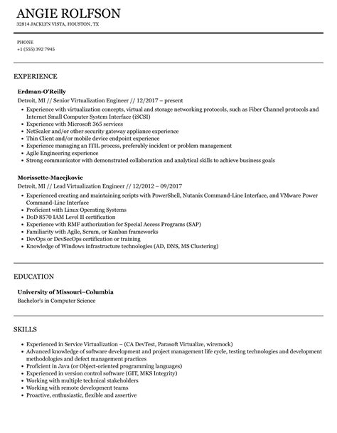 Virtualization Engineer Resume Samples Velvet Jobs