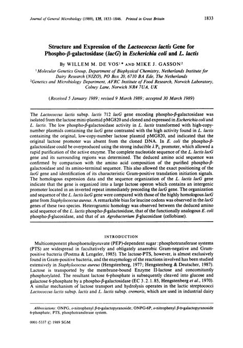Pdf Structure And Expression Of The Lactococcus Lactis Gene For Phospho Beta Galactosidase