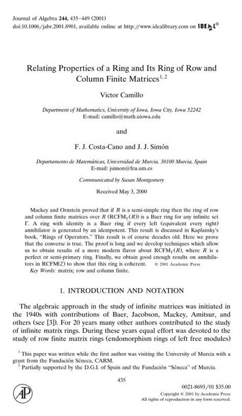 Pdf Relating Properties Of A Ring And Its Ring Of Row And Column