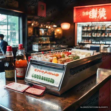 ai创作图餐厅饭店的收银台桌面上 桌面上有一半是空着的 收银员站在桌子的另一半 收银机这边的桌面上有一些酒水饮料和点餐菜牌 昵图网