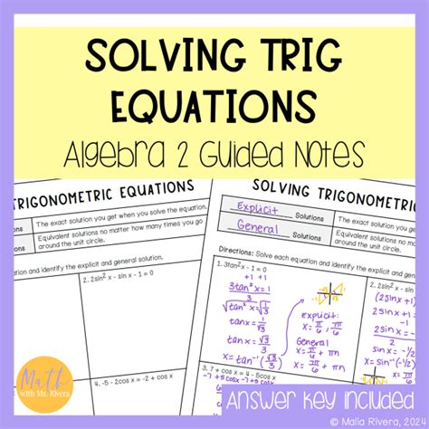 Solving Trigonometric Equations Guided Notes For Algebra 2 Trigonometry