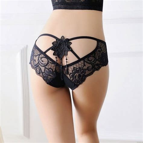 Sexy Brodé Lotus Maille Gland Floral Dentelle Slips Lingerie Creux