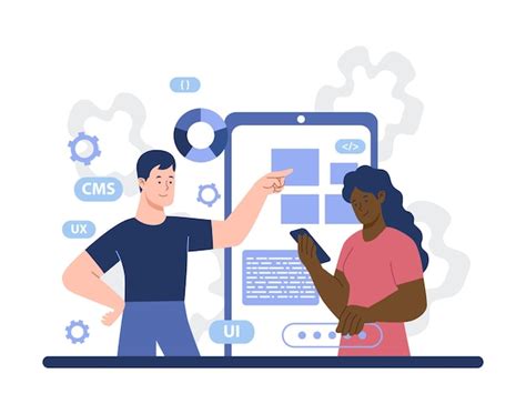 Premium Vector Design Programming Concept Man And Girl Analyzing Phone App Designers Create