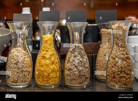 Deluxe Breakfast Buffet Spread With Cereal Choices In Glass Carafes