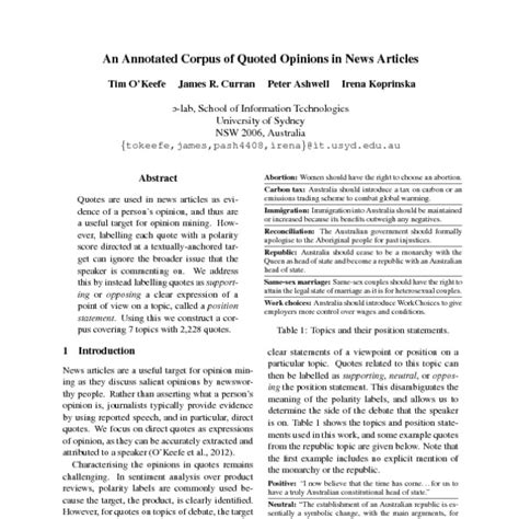 An Annotated Corpus Of Quoted Opinions In News Articles Acl Anthology
