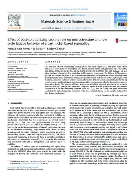 Pdf Effect Of Post Solutionizing Cooling Rate On Microstructure And Low Cycle Fatigue Behavior