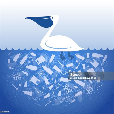 바다 플라스틱 오염을 중지합니다 생태 포스터 펠리컨 흰색 비닐 쓰레기 봉투 파란색 배경에 병물에 쓰레기에 바다 새 플랫 디자인 0명에 대한 스톡 벡터 아트 및 기타 이미지