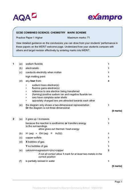 Aqa Gcse Trilogy Chemistry 1h Ms Exampro Gcse Combined Science