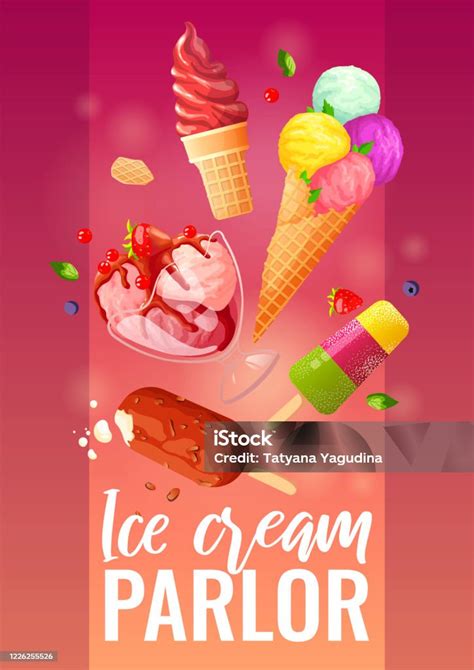 다양한 아이스크림 세트와 전단지 디자인 아이스크림 가게 또는 상점 달콤한 제품 디저트 개념 맛이 가미된 빙과에 대한 스톡 벡터 아트 및 기타 이미지 Istock