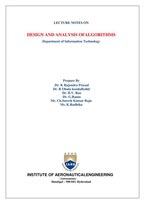 Daa Lecture Notes Lecture Notes On Design And Analysis Ofalgorithms