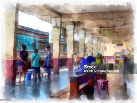 태국의 기차역 풍경 수채화 스타일 일러스트 인상파 그림 거리에 대한 스톡 벡터 아트 및 기타 이미지 거리 건축 걷기