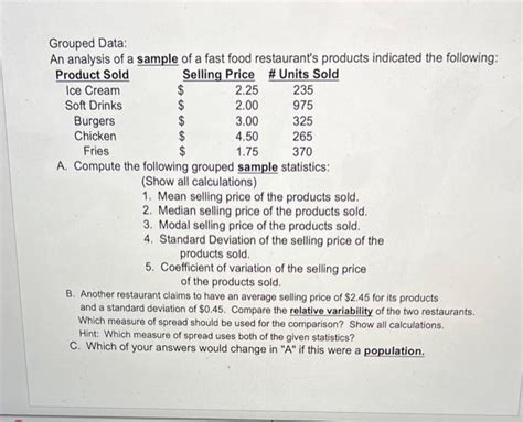 Solved Grouped Data An Analysis Of A Sample Of A Fast Food