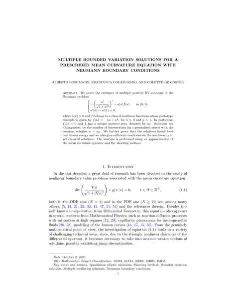 Pdf Multiple Bounded Variation Solutions For A Prescribed Mean Curvature Equation With Neumann
