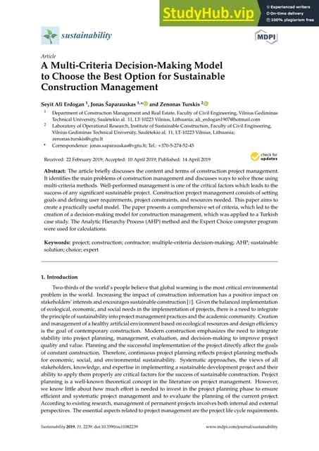 A Multi Criteria Decision Making Model To Choose The Best Option For Sustainable Construction