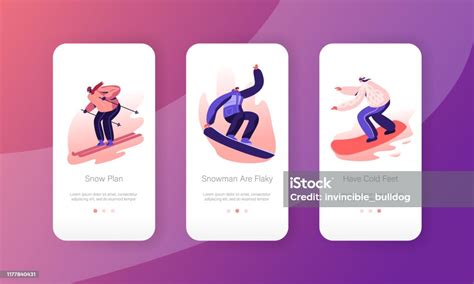 극단적 인 스노우 보드와 스키 승마와 스턴트 모바일 앱 페이지 온보드 화면 세트 웹 사이트 또는 웹 페이지 만화 플랫 벡터 일러스트레이트에 대한 젊은 스포츠맨 스노우 보드