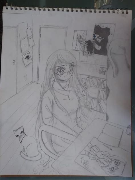 Pencil Drawing Of Anime Girl Doing Art Detailed Drawing Art