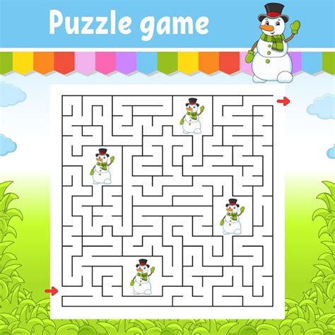어린이를 위한 정사각형 미로 게임 어린이를 위한 퍼즐 미로 수수께끼 올바른 길 찾기 만화 캐릭터 프리미엄 벡터