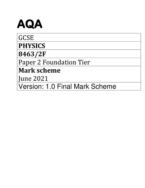 AQA GCSE PHYSICS F Paper Foundation Tier Mark Scheme June Version Final Mark