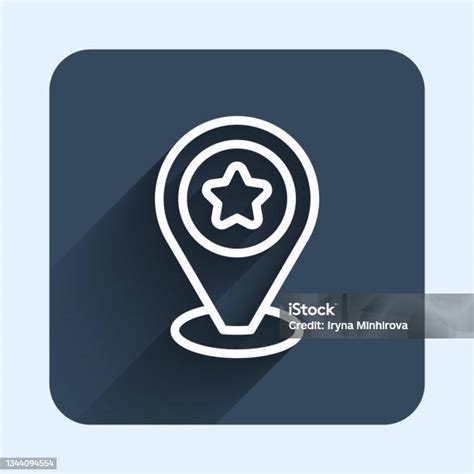 긴 그림자 배경으로 격리 된 별 아이콘이있는 흰색 줄 맵 포인터 별 좋아하는 핀 맵 아이콘 맵 마커 파란색 정사각형 버튼 벡터 개념 실재론에 대한 스톡 벡터 아트 및 기타