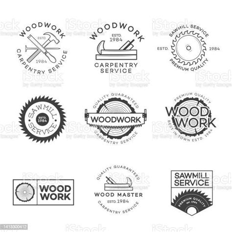 목공 서비스 제재소 및 목공 라벨 세트는 흰색 배경에 격리되어 있습니다 우표 배너 및 디자인 요소 목재 작업 및 제조 라벨 템플릿 벡터 일러스트 레이 션 목수에 대한 스톡