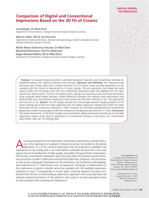 Comparison Of Digital And Conventional Impressions Based On The 3d Fit Of Crowns Pdf