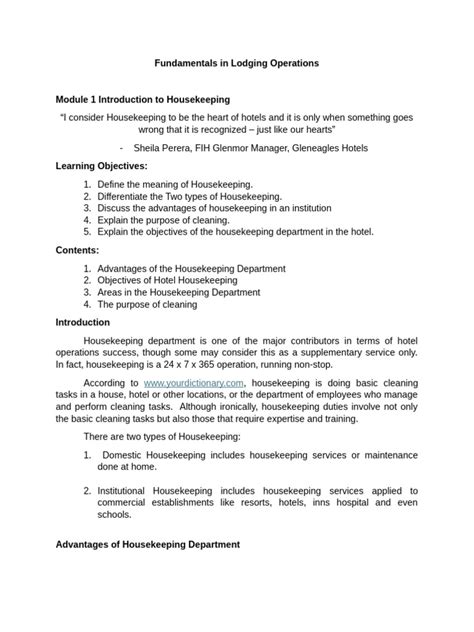 module2 introduction to housekeeping pdf housekeeping linens