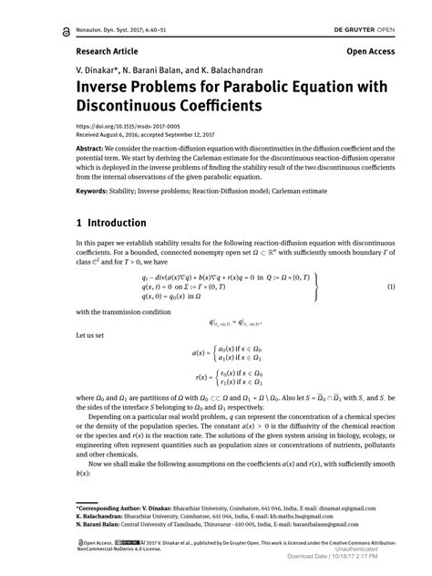 Pdf Inverse Problems For Parabolic Equation With Discontinuous Coefficients