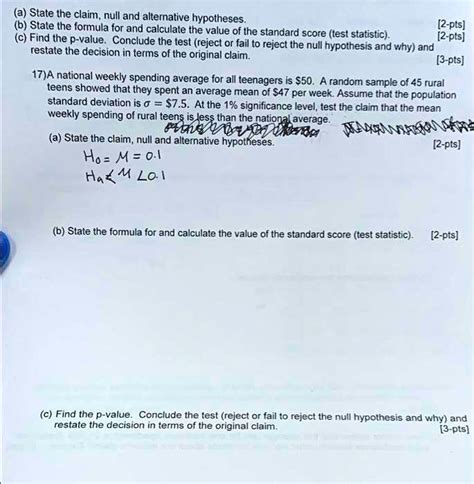 SOLVED A State The Claim Null And Alternative Hypotheses B State The Formula For And