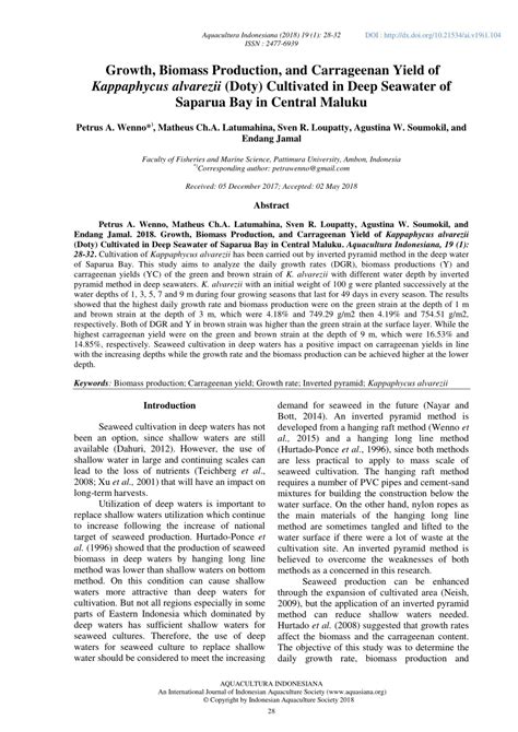 Pdf Growth And Carrageenan Yield Of Cultivated Kappaphycus Alvarezii Doty In Deep Seawater