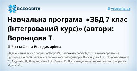 Навчальна програма «ЗБД 7 клас інтегрований курс автори Воронцова Т Робоча програма