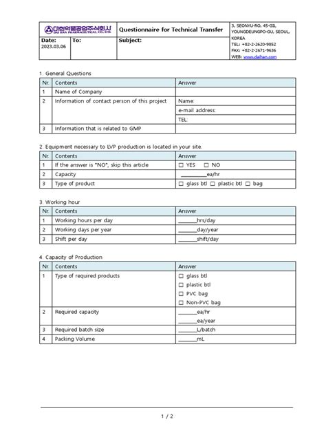 Questionnaire For Technical Transfer 230306 Pdf