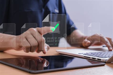 User Interacting With Digital Document Approval Checklist On Touchscreen Interface Representing