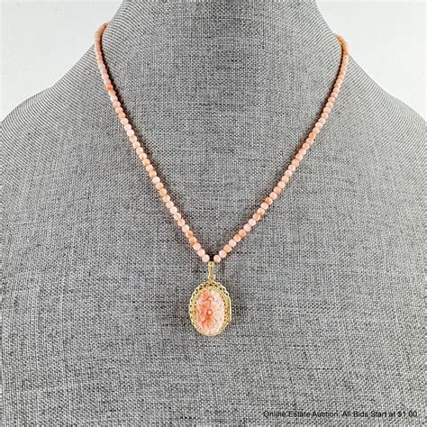 Vintage Angel Skin Coral 18 Necklace With Carved Cameo Locket Pendant