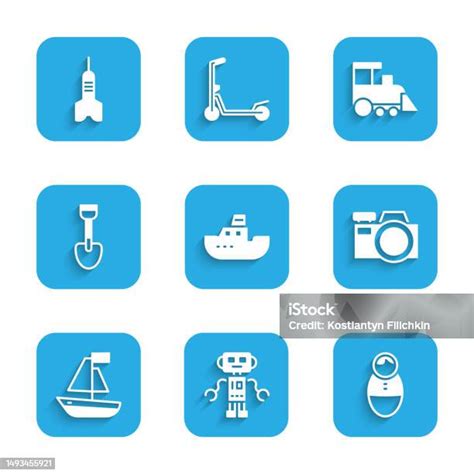 장난감 보트 로봇 장난감 텀블러 인형 사진 카메라 삽 기차 및 다트 화살표 아이콘을 설정합니다 벡터 교통수단에 대한 스톡 벡터 아트 및 기타 이미지 Istock