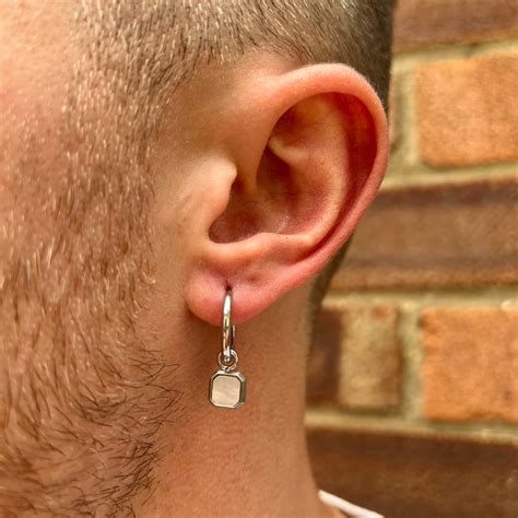 Mens Earrings 18k Gold Dangle Hoop Earrings Mens White Pearl Dangle