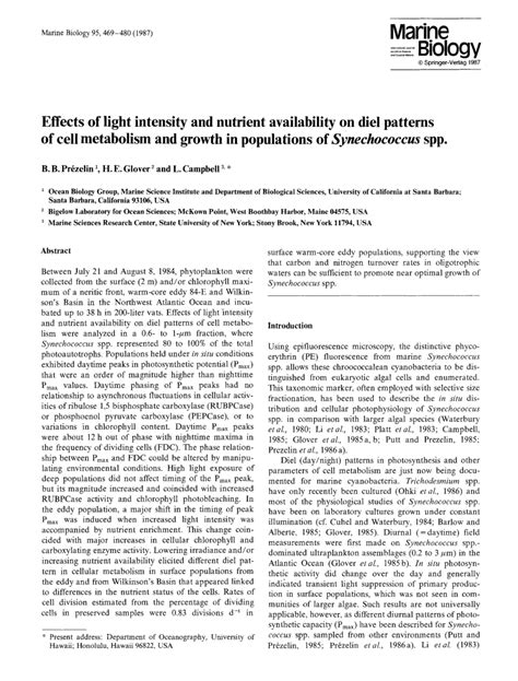 Pdf Effects Of Light Intensity And Nutrient Availability On Diel