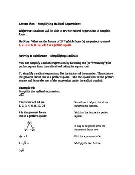 Simplifying Radical Square Root Expressions Lesson Plan TpT
