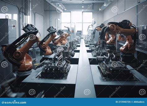 Assembly Line Of Robotic Arms Each With Its Own Unique Toolkit Building Complex Machine Stock