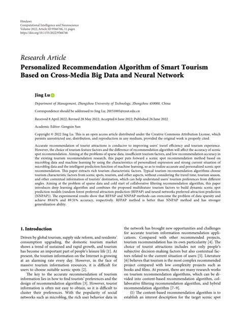 Pdf Personalized Recommendation Algorithm Of Smart Tourism Based On